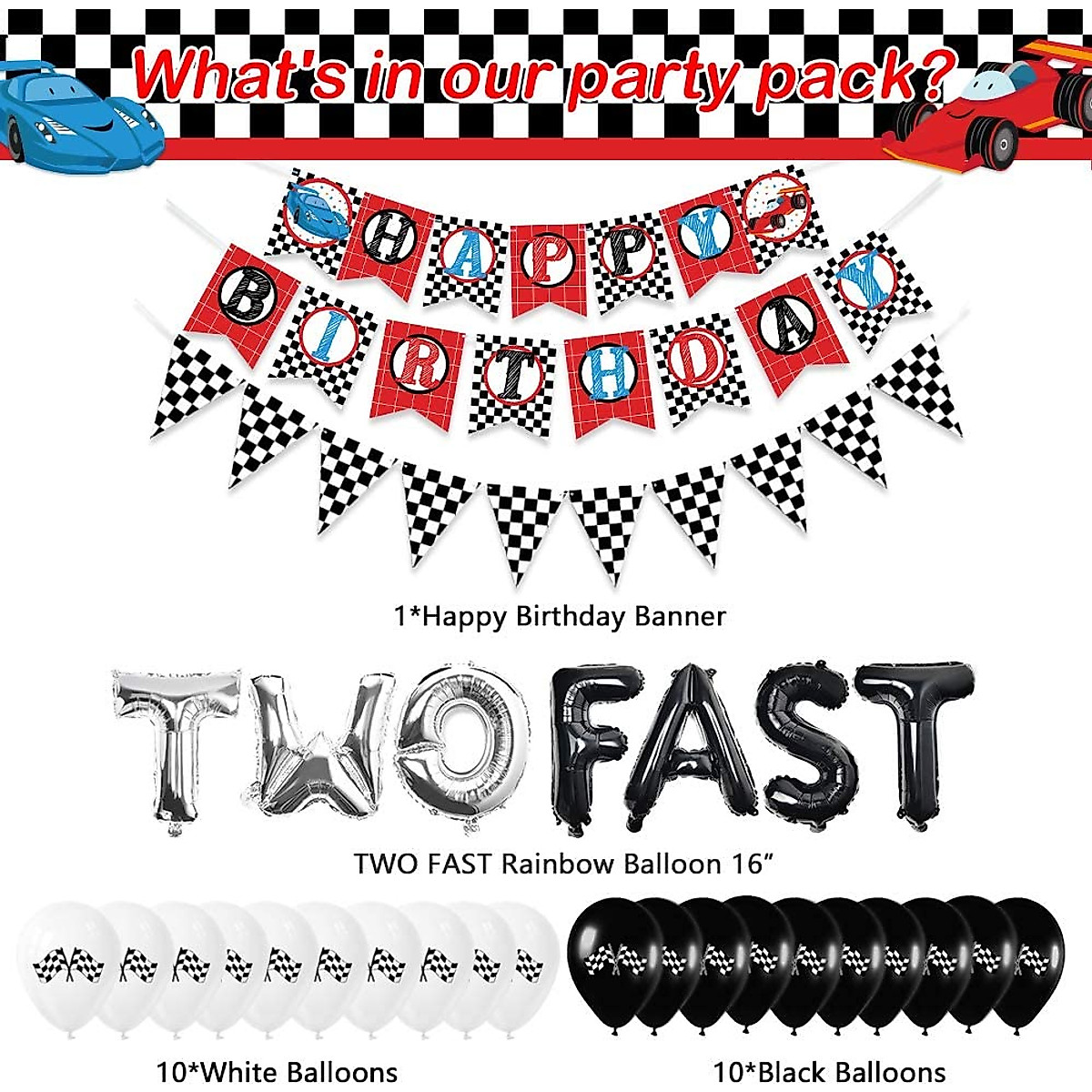WERNNSAI Two Fast 2nd Birthday Party Supplies - Racing Car Theme Party Decorations for Boy Race Fans Including Happy Birthday Banner, ‘Two Fast’ Black Silver Mylar Foil Balloon, Latex Confetti Balloon