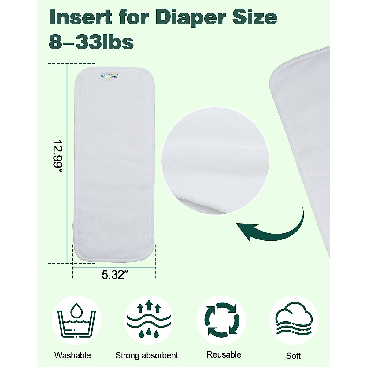 Babygoal Reusable Cloth Diaper Inserts Pack of 12, Absorbent & Breathable Liners, 3-Layer Microfiber Inserts for Cloth Diapers 12T
