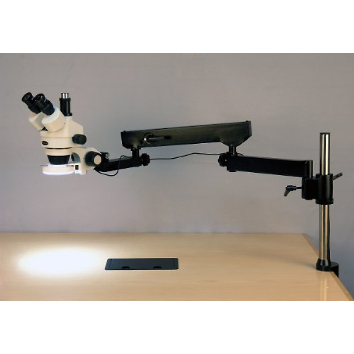 AmScope SM-8TZ-144S Professional Trinocular Stereo Zoom Microscope, WH10x Eyepieces, 3.5X-90X Magnification, 0.7X-4.5X Zoom Objective, 144-Bulb LED Ring Light, Articulating-Arm Boom Stand, 110V-240V, Includes 0.5x and 2.0x Barlow Lenses