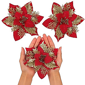 CEWOR 15 Pcs Christmas Poinsettia Flowers Glitter Artificial Flowers Decorations with Clips and Stems for Xmas Tree Wedding Party Wreath Fireplace Ornaments (Red and Gold)
