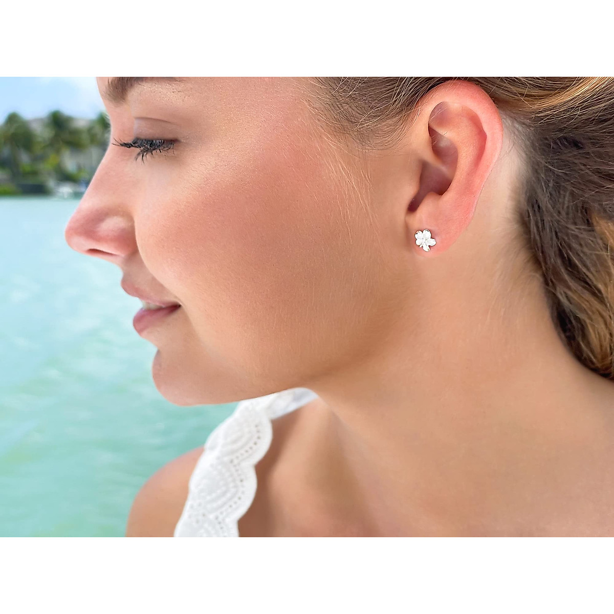 Hawaiian Silver Jewelry Plumeria Womens Stud Earrings – Hawaiian Flower Stud Earrings for Women – Sterling Silver Flower Earrings with CZ Stone – Sterling Silver Plumeria Earrings 7mm