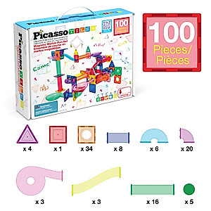 PicassoTiles Marble Run 100 Piece Magnetic Tile Race Track Toy Play Set STEM Building & Learning Educational Magnet Construction Child Brain Development Kit Boys Girls Age 3 4 5 6 7 8+ Years Old Toys