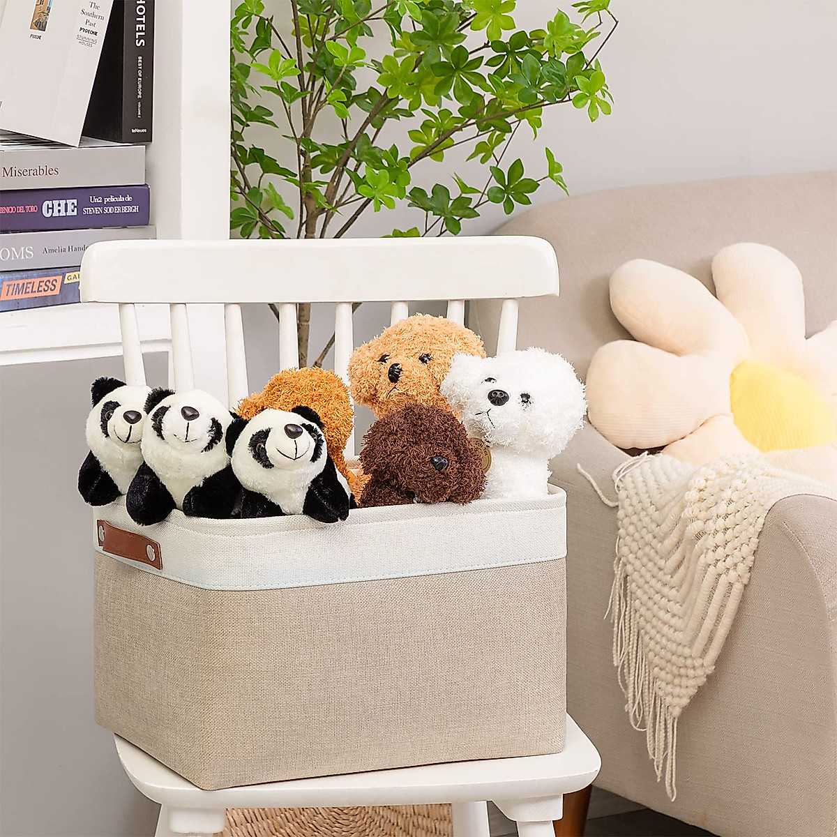 Ecegeva Fabric Storage Bins, Large Storage Baskets with Handles for Toys Towels Books Organization, Foldable Linen Cloth Storage Baskets for Organizing Closet Laundry Nursery(White&Khaki)