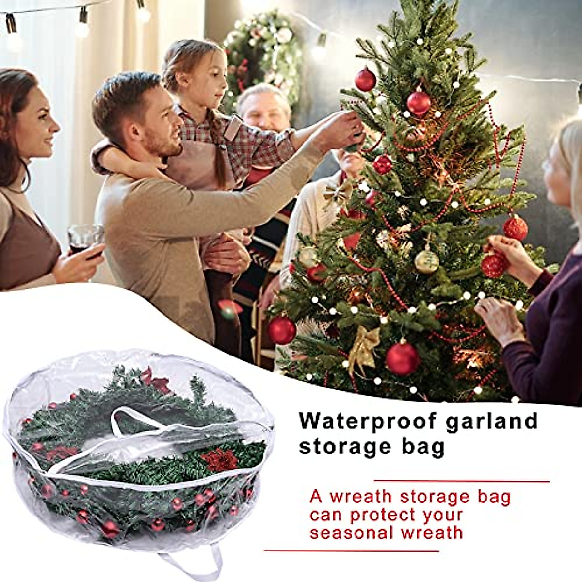 WDDH 2 Pack Wreath Storage Bag 30in | Clear Everyday Bag, Stores Two 30Inch Wreaths, Garland Holiday Container with Clear Window, Reinforced Handles and Dual Zipper, 30x8inch(White)