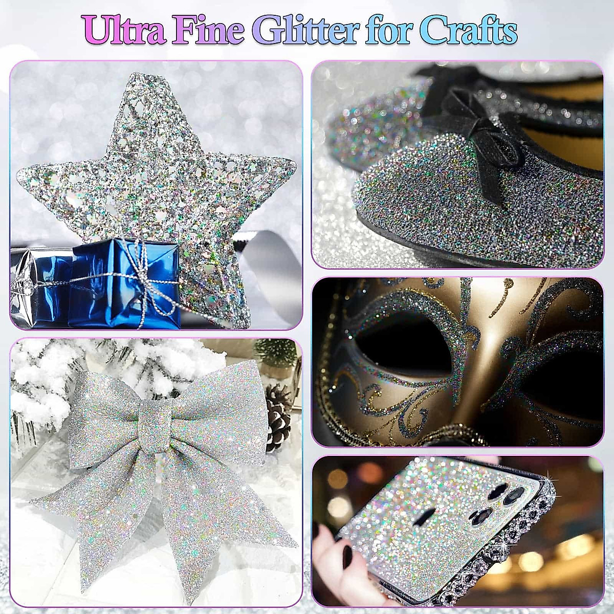 Fine Holographic Glitter Iridescent Silver Glitter Powder, Multipurpose Laser Silver Fine Glitter Bulk Makeup Glitter Metallic Resin Glitter for Tumblers Slime Craft Nail Body Face Hair (7.05oz,200g)