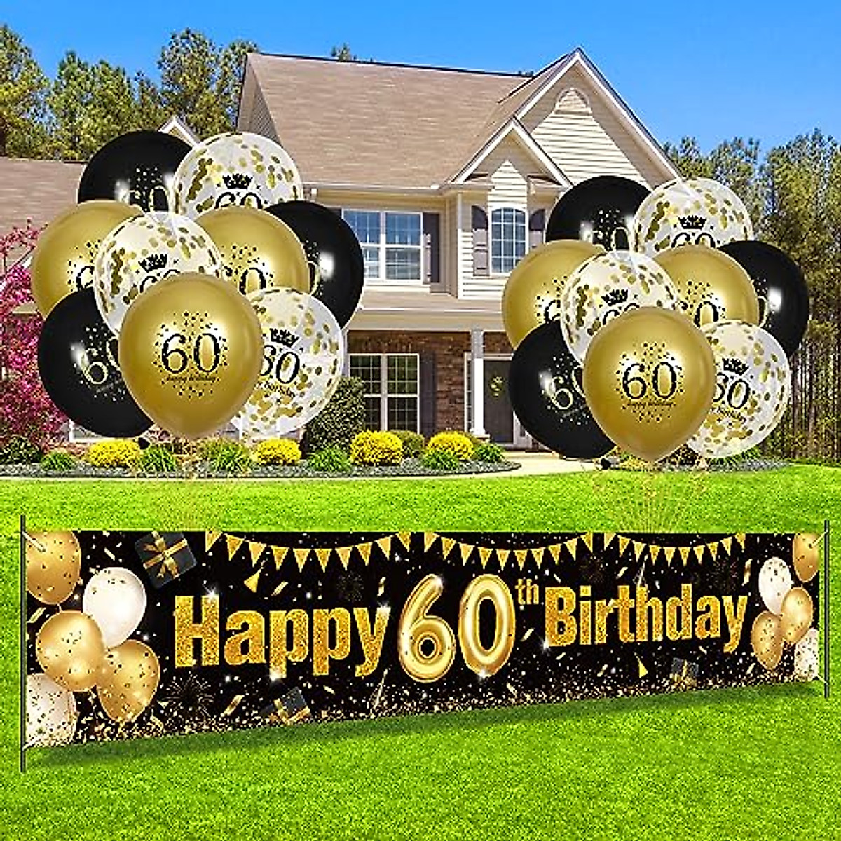 Black Gold 60th Birthday Decorations Banner Balloon for Men Women,Black Gold Happy 60th Birthday Party Yard Banner 18PCS 60th Birthday Balloons to 60 Anniversary Party Supplies Outdoor Indoor Decor