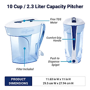 ZeroWater 10-Cup Ready-Pour Water Filter Pitcher - NSF Certified 0 TDS Water Filter to Remove Lead, Heavy Metals, PFOA/PFOS, Improve Tap Water Taste