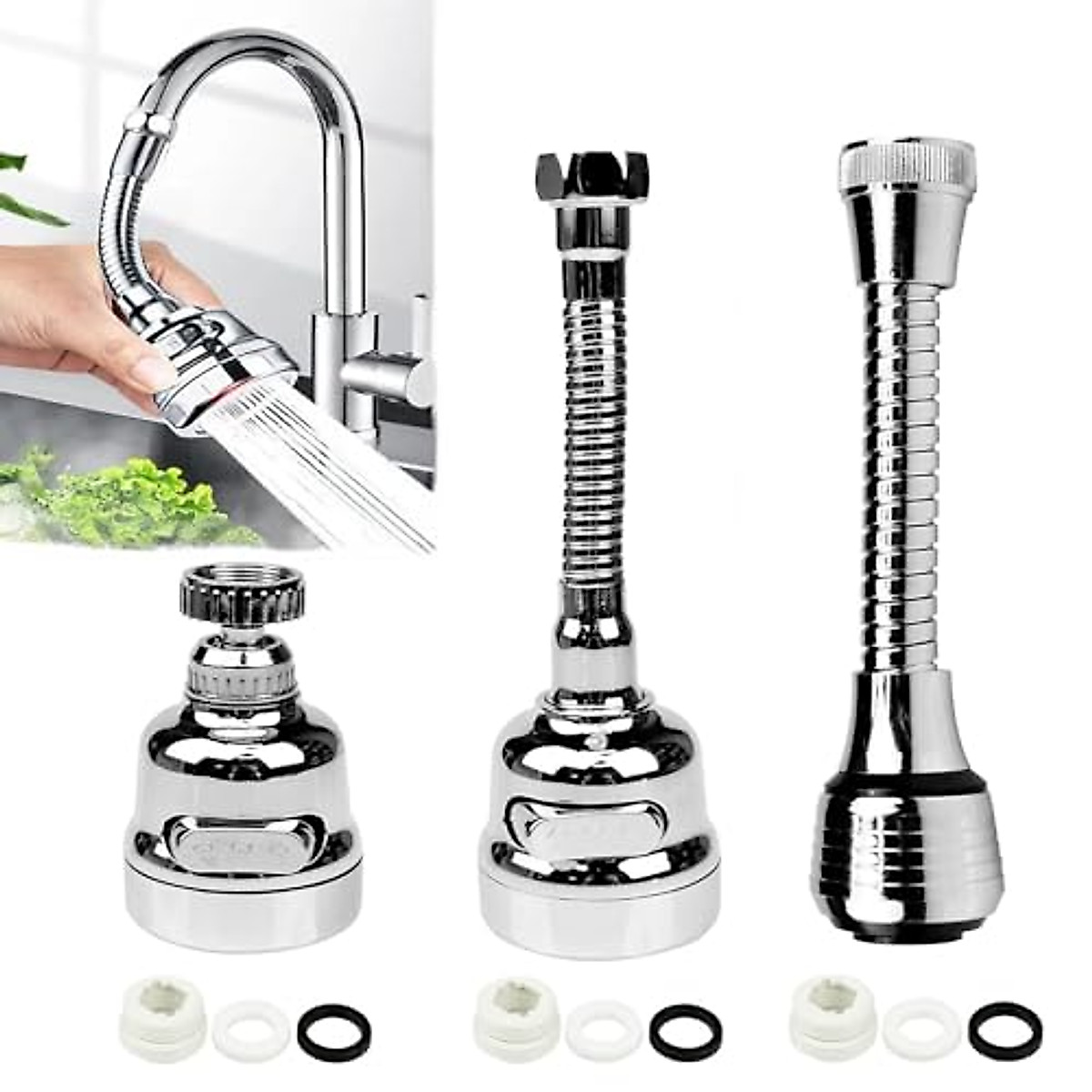 3 Pieces Kitchen Tap Head Fucet Aerator, 360 Degree Rotatable 3 Mode Adjustable Faucet Extender Kitchen Faucet Head Replacement for Bathroom Kitchen