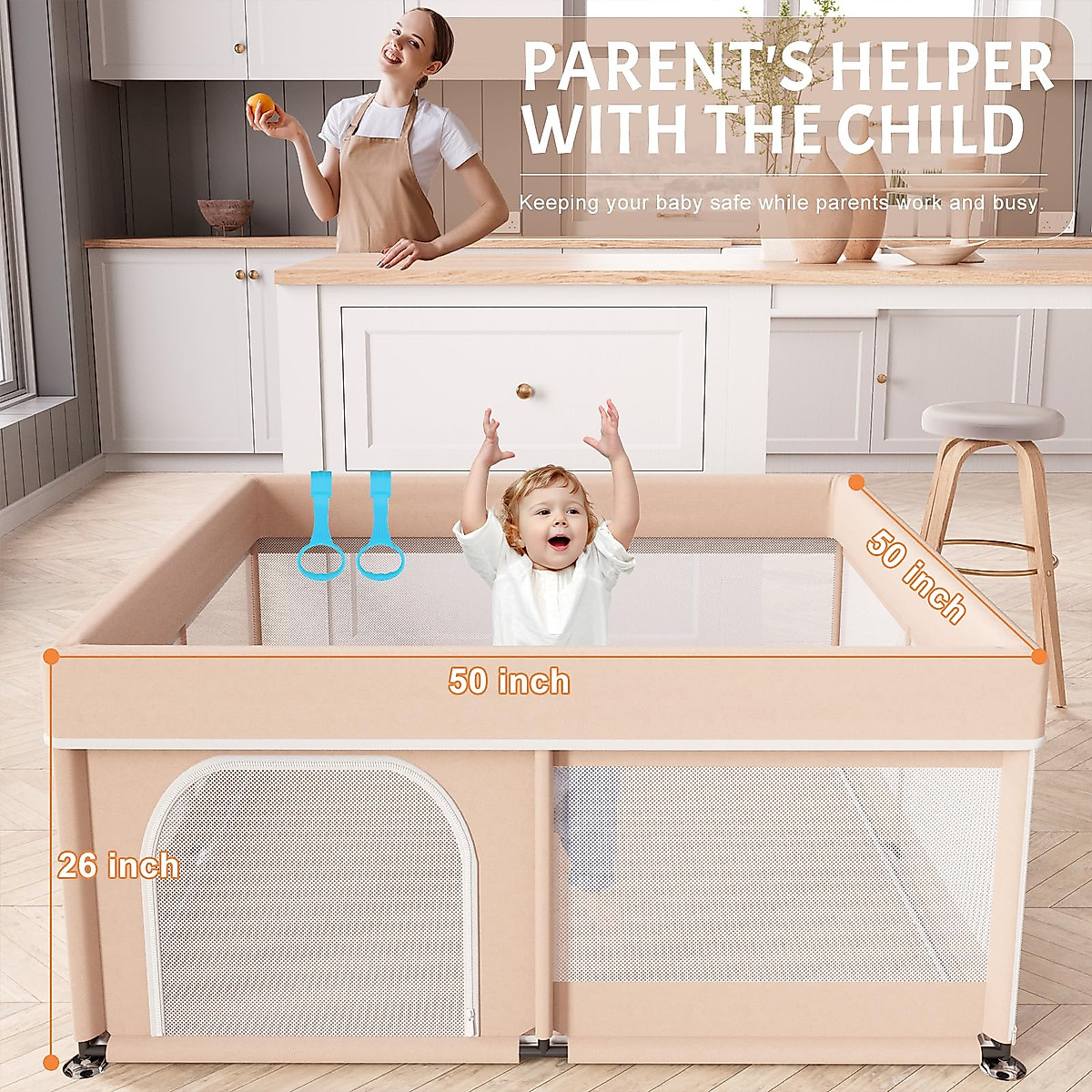 Omzer Baby Playpen with Mat 50x50inch: Large Playpen for Babies and Toddlers Indoor Safety Play Pen with Soft Breathable Mesh - All-Wrapped Sponge Sturdy Play Yard with Stable Mat Magic Sticker Beige
