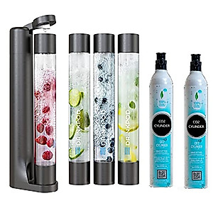 FIZZpod Soda Maker With TWO CO2 Cylinder- Fizzy Drink Machine with 3 PET Bottles, 3 Caps, 1 Carbonator Cap and Manual - Make Homemade Sparkle Water, Juice, Coffee, Tea and Cocktail Drinks with Fruit (Black + 2 CO2 + Stur Drink Mix)