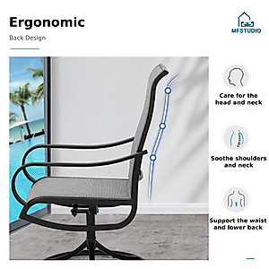 MFSTUDIO Patio Dining Set for 4, All Weather Outdoor Furniture Set with 4 Sling Swivel Chairs, 1 Square Metal Table, Light Grey Fabric