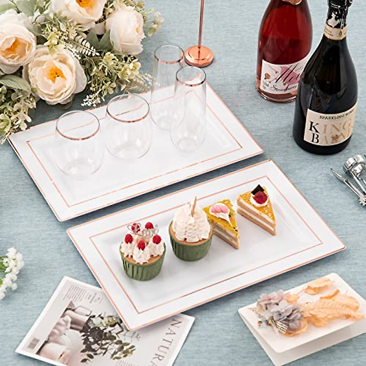 SUT 12 Pack White Plastic Serving Trays with Rose Gold Rim, 13 X 8 inch Rectangle Food Trays, Disposable platters Cookie Serving Trays, Rose Gold Serving Tray Wedding and Disposable Trays for Parties
