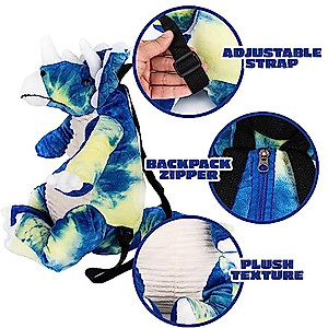 ArtCreativity Plush Dinosaur Backpack, 22" Stuffed Animal Backpack in the Shape of a Triceratops, Plushie Dinosaur Backpack for Toddlers, Blue and Yellow tie dye Colors. Adjustable Nylon Straps