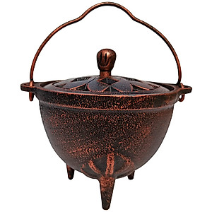 YIMIFLA Incense Burner Holder with Lid and Handle Cast Iron Cauldron 4.9" Frankincense Resin Charcoal Incense Burner Great for Yoga, Spa Aromatherapy, Smudging, Ritual & Blessings (Red Bronze)