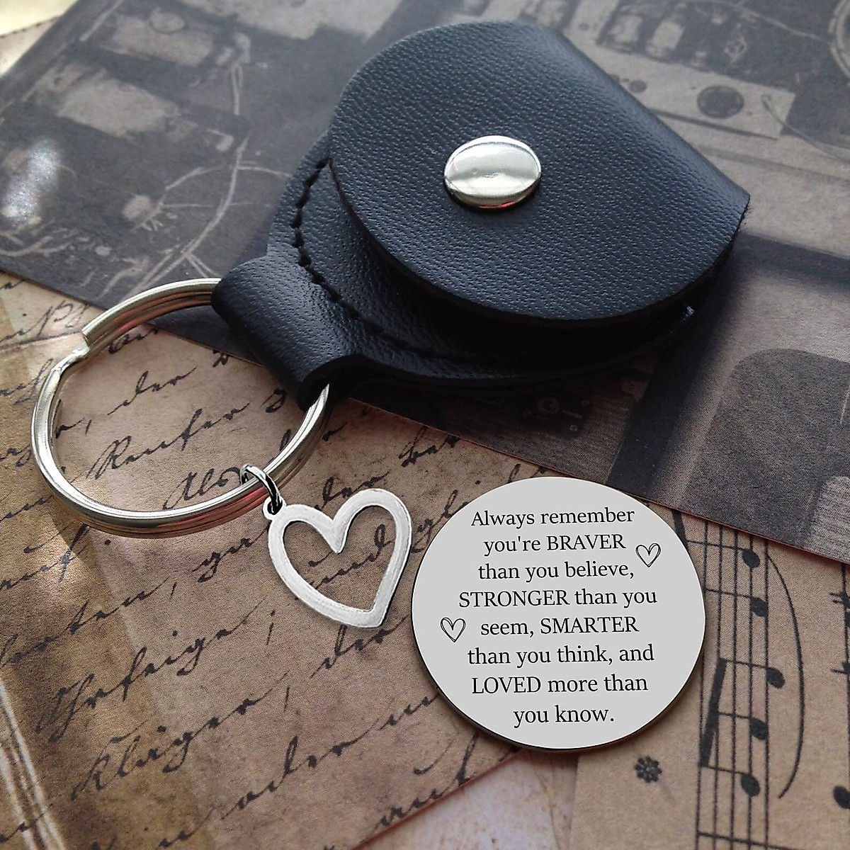 LRUIOMVE Always Remember You are Braver Than You Believe, Pocket Hug Token with Leather Keychain, Stainless Steel Double Sided Coin Long Distance Relationship Keepsake Gift