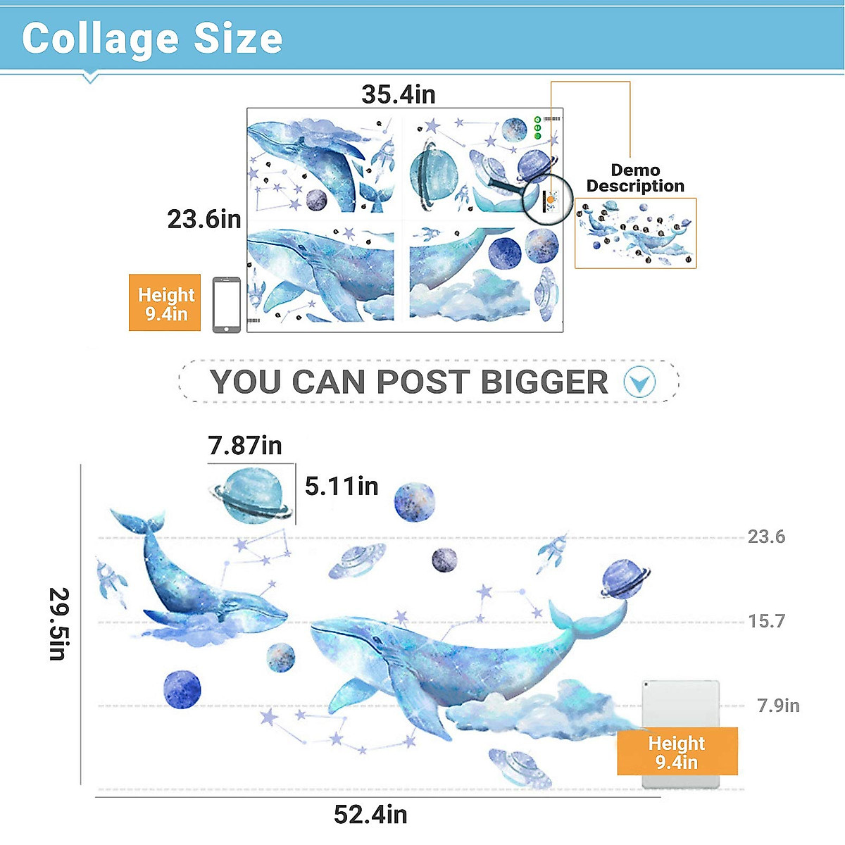 Ocean Wall Decals Whale Wall Decals Marine Animal Stickers Galaxy Wall Sticker Under Water Sea Life Peel and Stick Mural Decor for Home Office Dorm Party Nursery