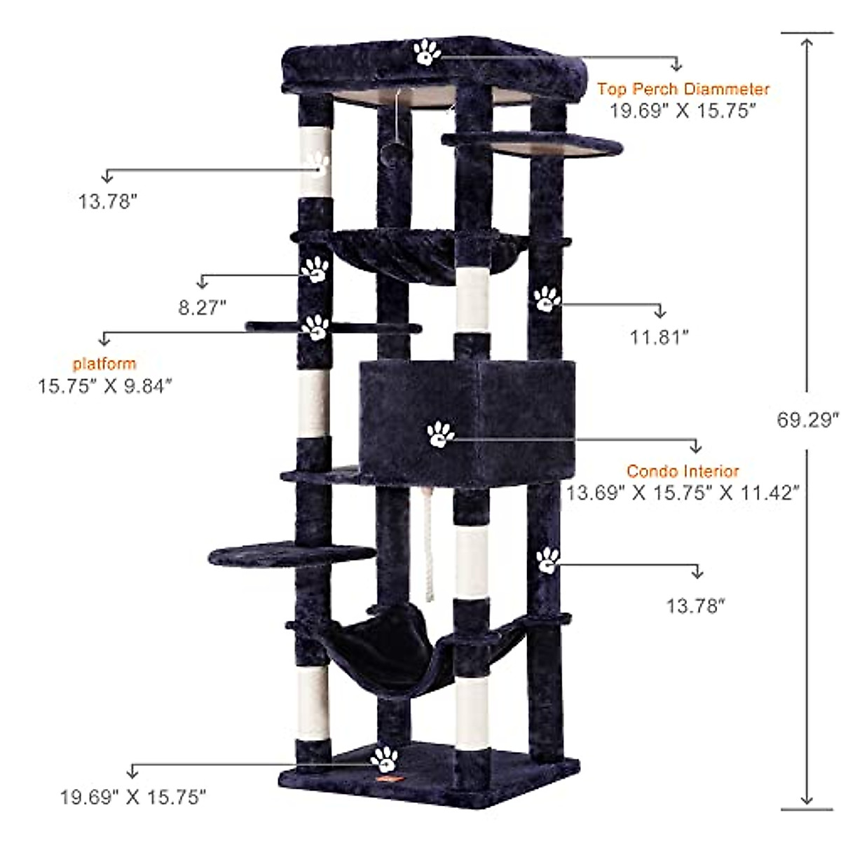 Heybly Cat Tree with Extra Large Platform, 69 inches XXL Large Cat Tower for Indoor Cats, Multi-Level Cat House with Padded Plush Perch, Cozy Basket and Scratching Posts, Smoky Gray HCT031G