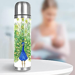 Watercolor Style Peacock Stainless Steel Water Bottle Leak-Proof, Double Walled Vacuum Insulated Flask Thermos Cup Travel Mug 17 OZ