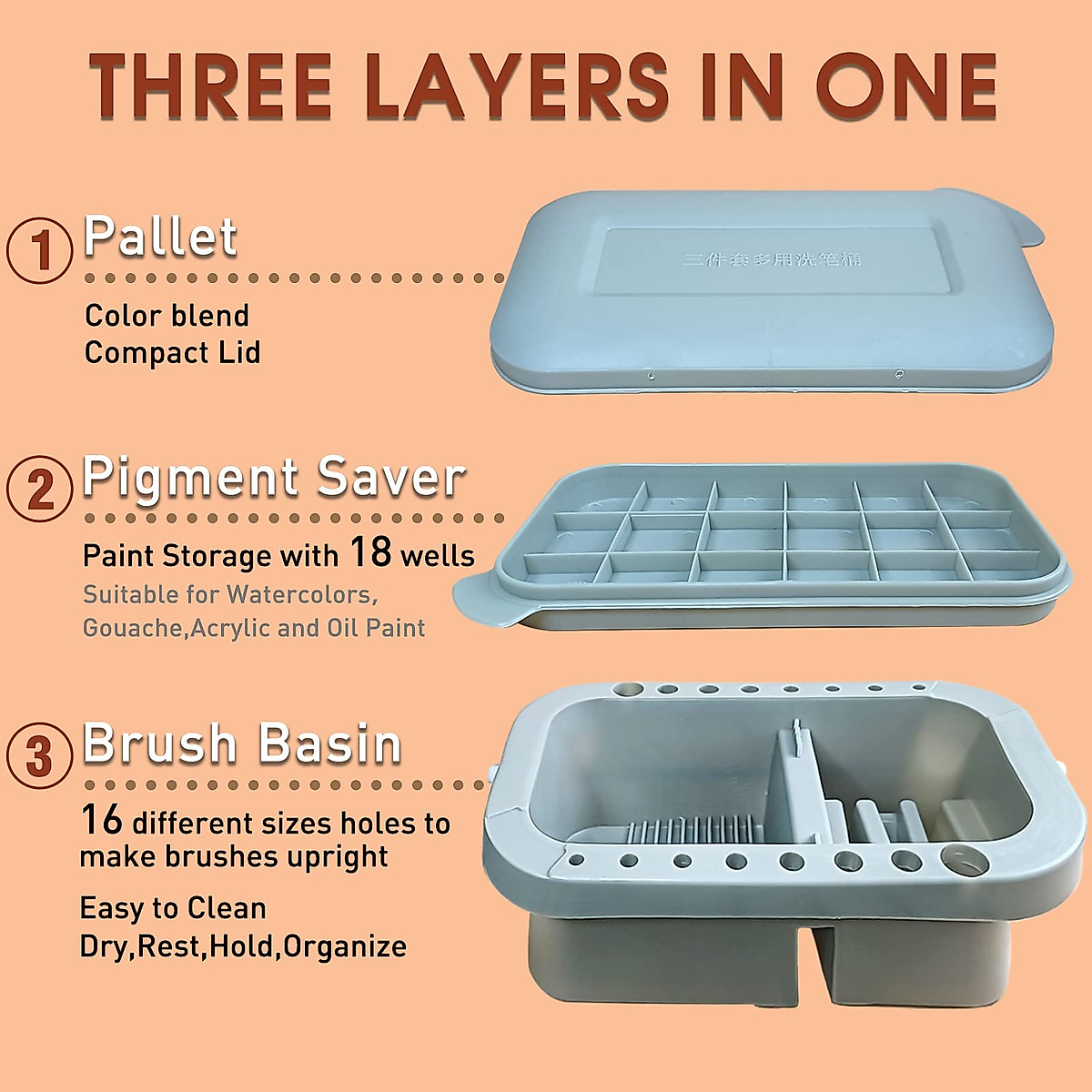 Multifunctional Paint Brush cleaner16 Holes Paint Brush holderwith Paint Pallet Storage Box, Artists Watercolor Oil Acrylic Gouache paintingpainting Supplies, Portable with lid Paint Palette