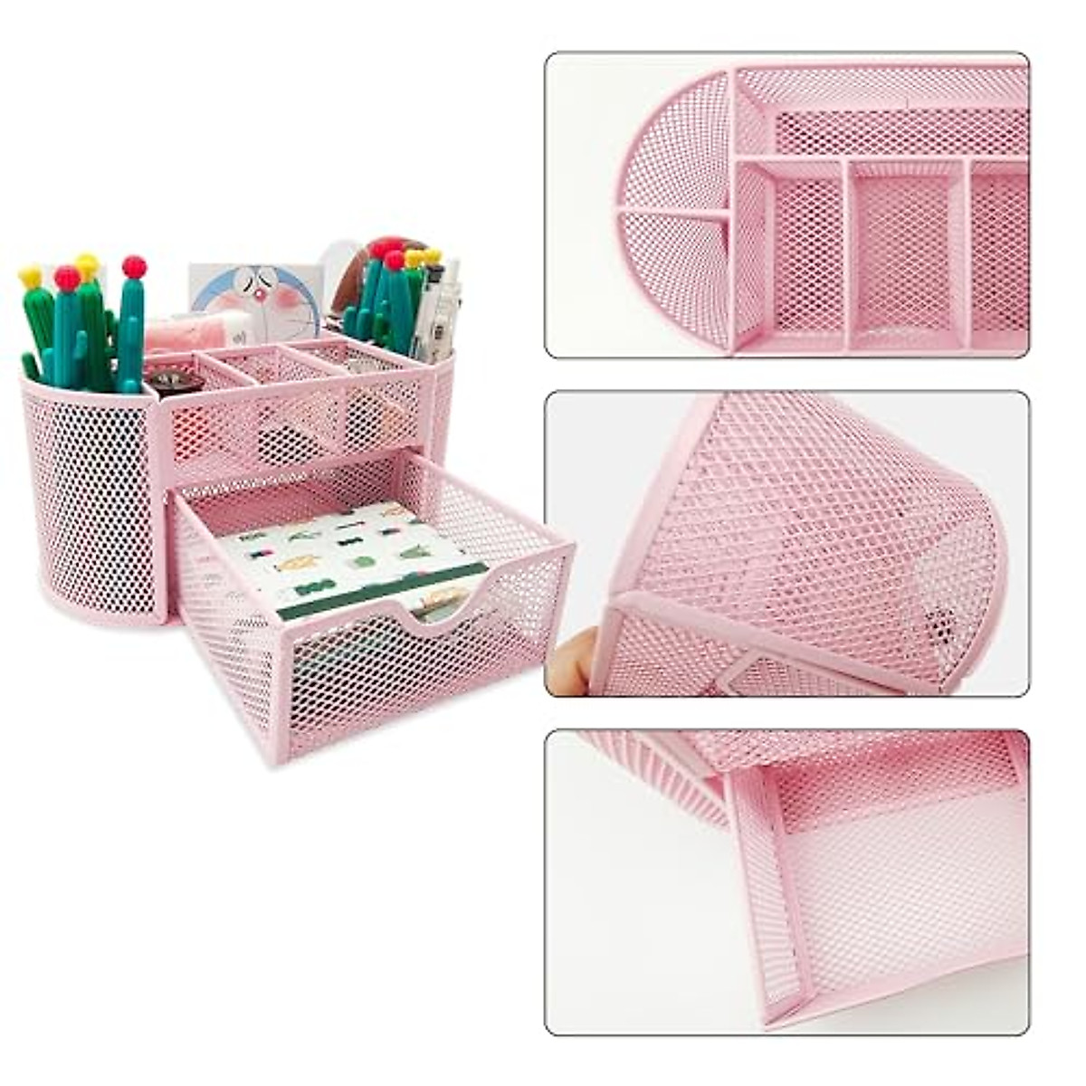 KWAGOCAR Pink Desk Organizers and Accessories Pencil Holder for Desk Cute Mesh Pen Holder Desk Organizer Trendy Mesh Office Desk Supplies with 8 Compartments and 1 Drawer Stationery Home School, Pink
