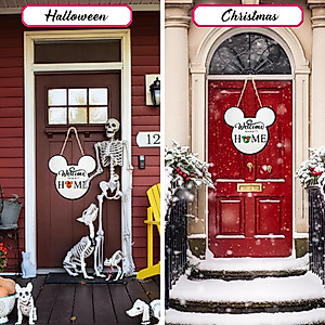 Cute Mouse Interchangeable Welcome Sign for Front Door 16pcs Seasonal Welcome to Our Home Wooden Hanging Sign Farmhouse Porch Plaques for Halloween Christmas Wall Home Decor Gifts