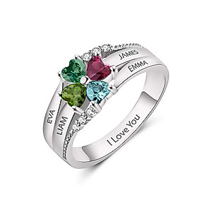 GLAMCARAT Sterling Silver Personalized Ring for Women Engraved Women’s birthstone Ring with 4 Stones –Name Rings Personalized –Promise Ring, Engagement, Anniversary