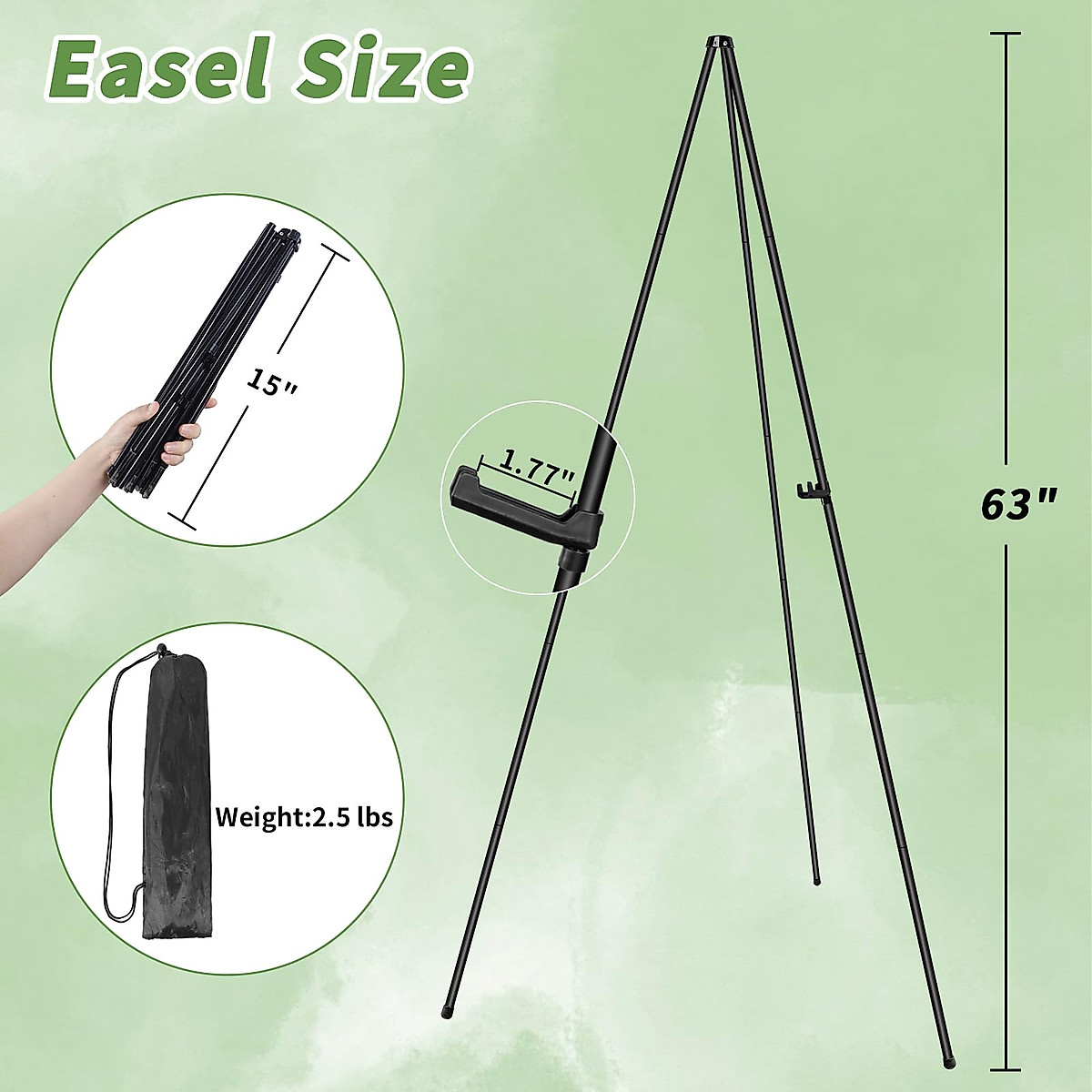 63" Tall Display Easel, Folding Instant Poster Easel, Black Steel Metal Telescoping Art Easel for Display Show, Easy Assembly with Carrying Bag (Black, 1Pack)