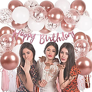 Birthday Decorations Set with Glittery Happy Birthday Banner and Paper Fringe Wreath, Rose Gold Party Decorations Balloons and Confetti Balloons for Women Girl Birthday Party