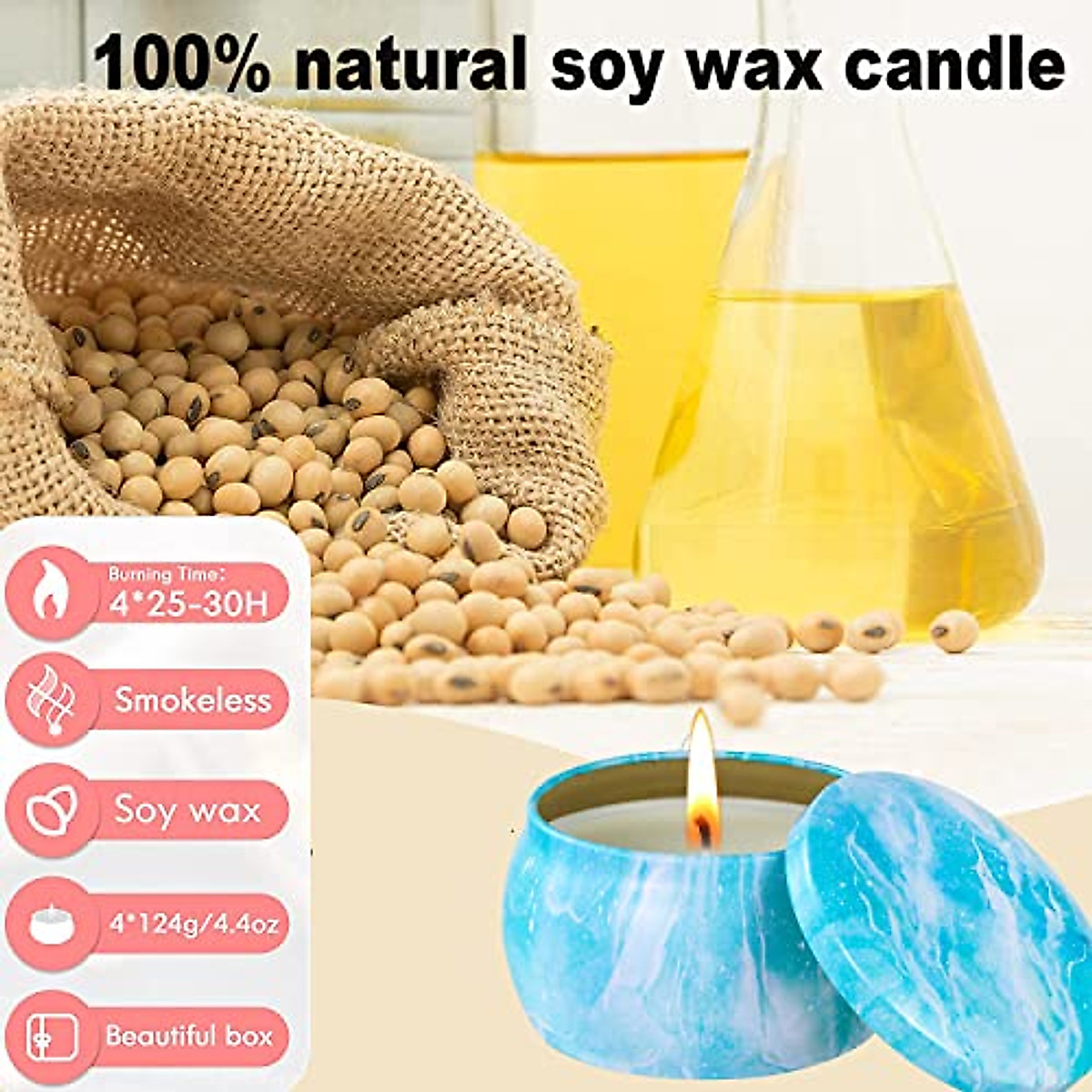 Scented Candles Gift Set for Women，4 Pack 4.4 Oz Rose Vanilla Orange Lemon 100% Natural Soy Wax Candles with 8% Strongly Fragrance Essential Oils for Stress Relief or Christmas Birthday Mother's Day