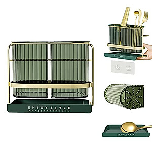 HAFUU Wall Mount Chopstick Holder with Drain Tray, Utensil Holder Silverware Drying Rack for Countertop Sink Flatware Caddy, Hanging Utensil Holder for Chopsticks Straws Forks Spoons Knives