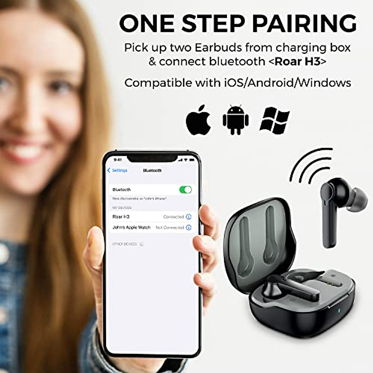 Roar ENC Buds H3 True Wireless Earbuds - in-Ear Bluetooth Headphones with Touch Controls, Bluetooth Earphones with Microphone,Waterproof Noise Canceling Ear Buds-Charging Case, Up to 18 Hours Playtime