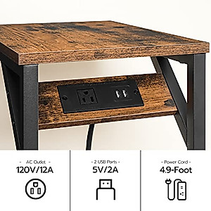 HOOBRO C Shaped End Table with Charging Station, Retro Sofa Couch Side Table, Narrow Nightstand for Small Space, Living Room, Bedroom, Rustic Brown and Black BF07USF01