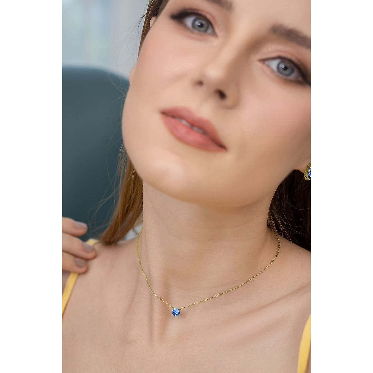 B. BRILLIANT Blue Necklaces for Women Yellow Gold Flashed Sterling Silver Royal Crystal Solitaire Chokers for Bridesmaids Fashion Trendy Summer