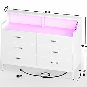 Hyomdeck 6 Drawer Dresser for Bedroom, Wooden Chest of Drawers with Power Outlets and Smart LED Light, Sturdy Modern Bedroom Furniture, Wide Storage Dresser for Living Room, Closet, Entryway, White