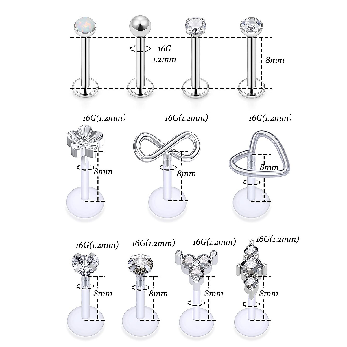 Vsnnsns 16G Lip Rings Stainless Steel Opal Labret Monroe Lip Rings Nail Cartilage Tragus Helix Earrings Studs Ring Medusa Piercing Jewelry Retainer For Women Men Silver 8mm 28PCS
