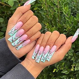 French Tip Press on Nails Coffin Green Fake Nails with Cherry Blossom or Arizona Tea Peach Blossom and Tree Branch Decoration Designs 3D Flower Gems Glossy Square Long Acrylic Nails Press on for Women