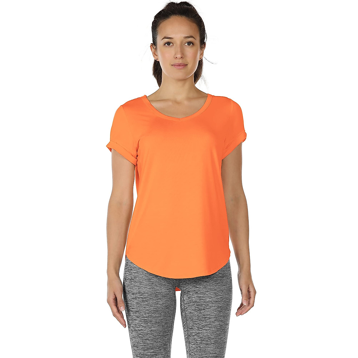 icyzone Open Back Yoga Shirts for Women - Exercise Workout Tops, Athletic Short Sleeves, Running T-Shirts Loose Fit (Orange, L)