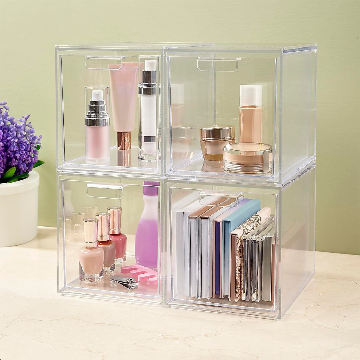 STORi Audrey Stackable Clear Plastic Organizer Drawers | 2 Piece Set | 6.75-Inches Tall | Organize Cosmetics and Beauty Supplies on a Vanity | Made in USA