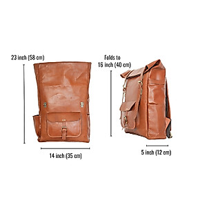 jaald 23" Brown Leather Backpack Vintage Rucksack Laptop Bag Water Resistant Roll Top College Bookbag Comfortable Lightweight Travel Hiking/picnic For Men