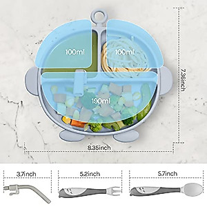 Qishare Silicone Suction Plates for Babies & Toddlers - Strong Suction Grip Divided Dish - Self Eating Utensils Set with Straw, Fork, Spoon for Kids - Dishwasher-Safe Toddler Plates (Blue)