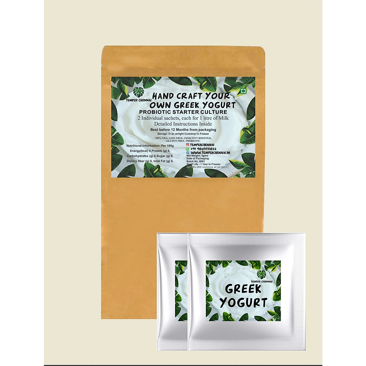 TEMPEHSTATION Greek Yogurt Starter Culture Kit-Culture&hand painted ceramic Handi Lid Dahi/Curd pot|easy to produce large batches 2 gms each sachet|Heirloom|-Strains L. bulgaricus &Streptococcus thermophilus