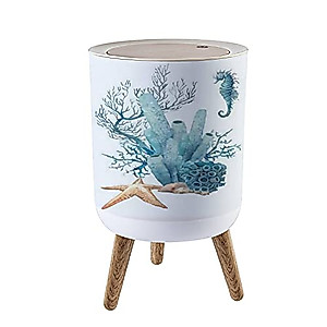 Small Trash Can with Lid Watercolor sea Horse Star Fish and Coral Hand Drawn Isolated 7 Liter Round Garbage Can Elasticity Press Cover Lid Wastebasket for Kitchen Bathroom Office 1.8 Gallon