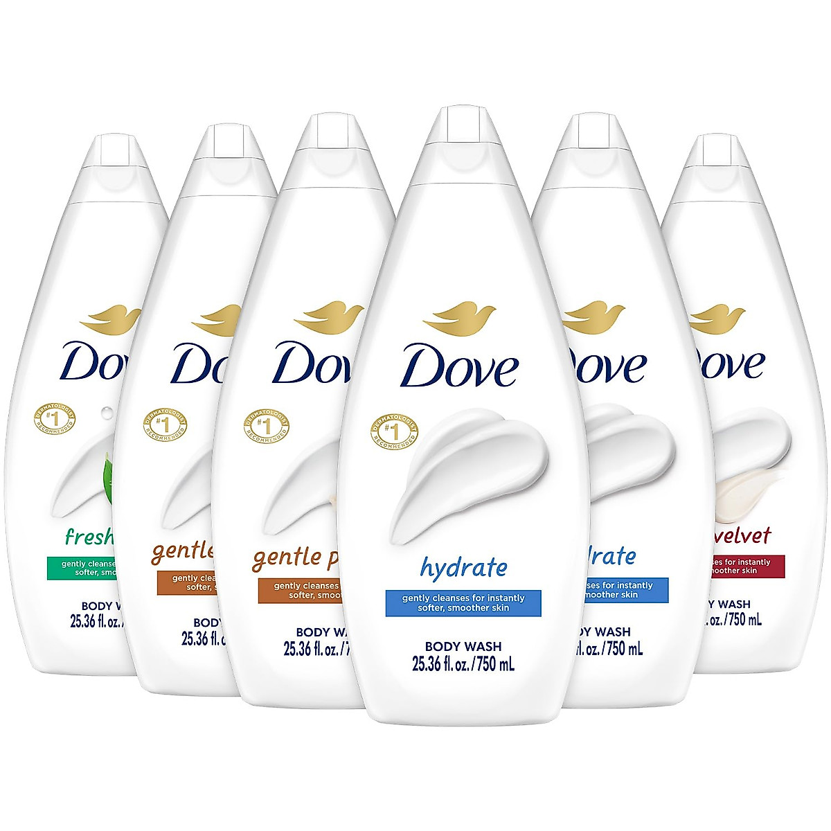 Dove Body Wash Value-Size Variety 6-Pack – Hydrate, Gentle Pamper, Fresh Care, and Silky Velvet, Family Size, 25.36 Oz Ea