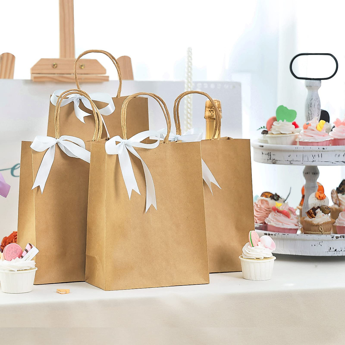 Moretoes 55pcs Gift Bags with Handles, 8x4x10 Inch Gift Bags Medium Size, Paper Bags for Small Business, Brown Paper Gift Bags