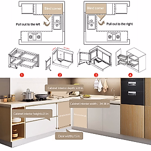 WYJF Blind Corner Cabinet Pull Out 15 Inch Opening,Blind Corner Cabinet Organizer,Corner Optimizer,Chrome Blind Corner Soft Close,Blind Corner Cabinet Pull Out Left Right