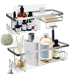 TOLOYE Shower Caddy Shelf, Adhesive Shower Caddy 2 Pack Shelf with 14 Hooks Storage Rack Organizer, Stainless Steel Shower Shelves with Soap Holder, No Drilling Rustproof for Bathroom, Restroom