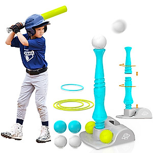 EagleStone Tee Ball Set for Toddlers, T Ball Sets for Kids 3-5, W/ 6 Large Balls, Adjustable TeeBall Batting Tee, 4 Toss Rings, Baseball & Toss Game, Outdoor Sports Toy Games for Boys & Girls 3-12