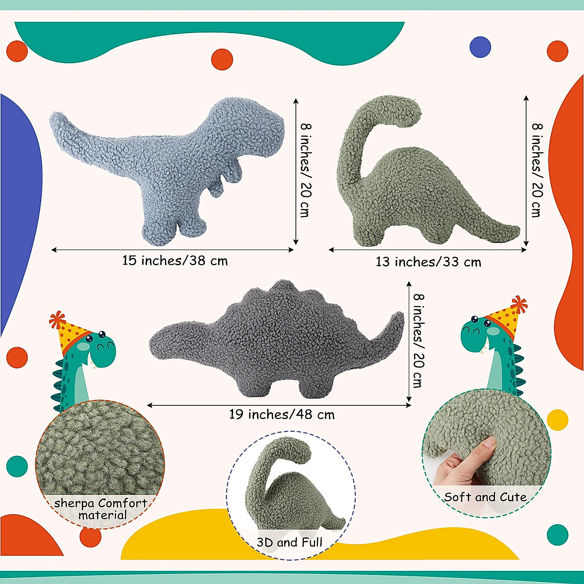 Shellwei 3 Pcs Dinosaur Decorative Pillow for Kids Sherpa Cute Nursery Playroom Dinosaur Pillow Kawaii Decorative Pillow Gift Toy for Boy Kids Nursery Home Decor