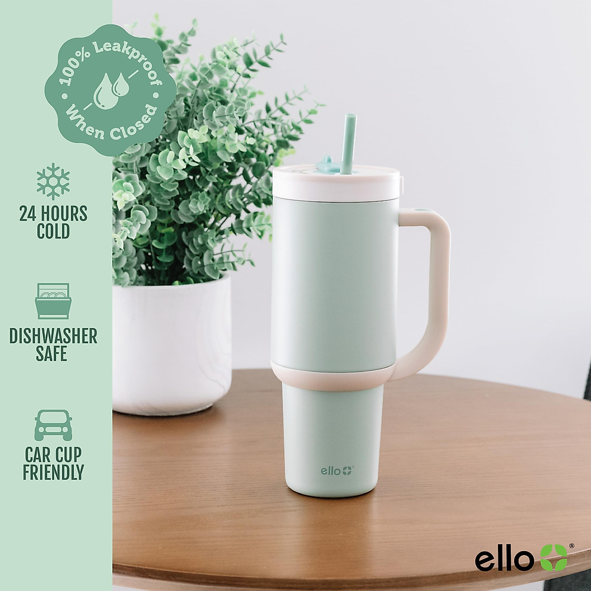 Ello Oasis 30 oz Tumbler with Handle & Retracting Straw | Reusable Insulated Stainless Steel Cup 100% Leakproof, Gifts for Teens Women Men | Keeps cold for 20 Hours, Cup Holder Friendly, Pistachio