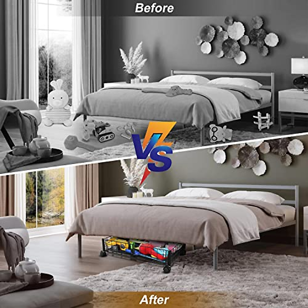 HoCorn Under Bed Storage with Wheels, Rolling Under Bed Shoe Storage Container, Under Bed Cart with Wheels, Underbed Storage with Sturdy Storage Bags & Clear Window & Thick Fabric, 2 Sets, (Black)